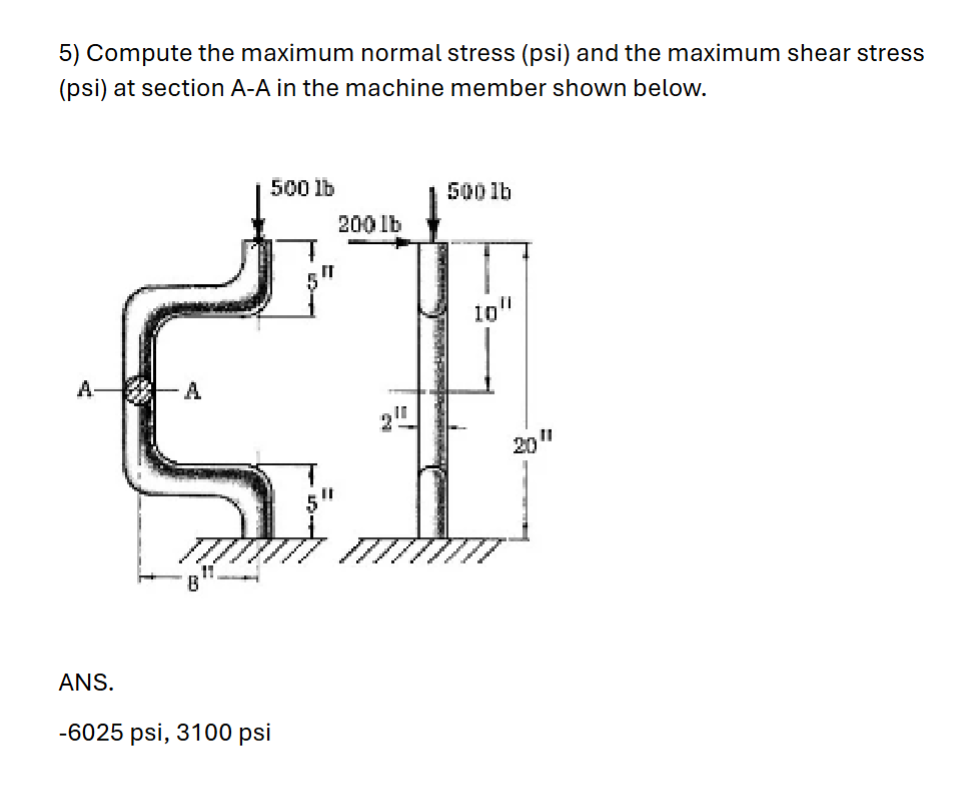 Solved 5) ﻿Compute the maximum normal stress (psi) ﻿and the | Chegg.com
