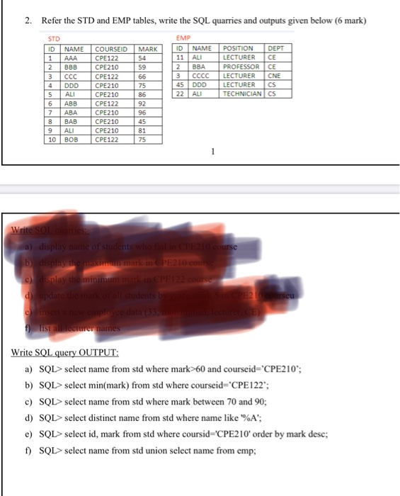Solved 2. Refer the STD and EMP tables, write the SQL | Chegg.com