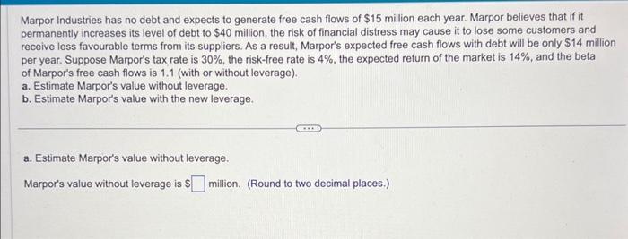 Solved Marpor Industries has no debt and expects to generate | Chegg.com