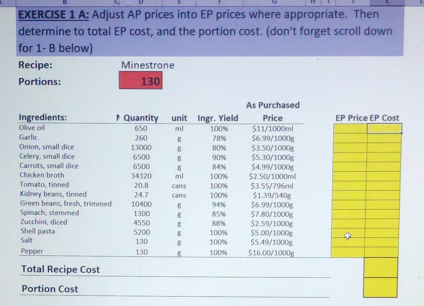 Solved EXERCISE 1 A: Adjust AP prices into EP prices where | Chegg.com