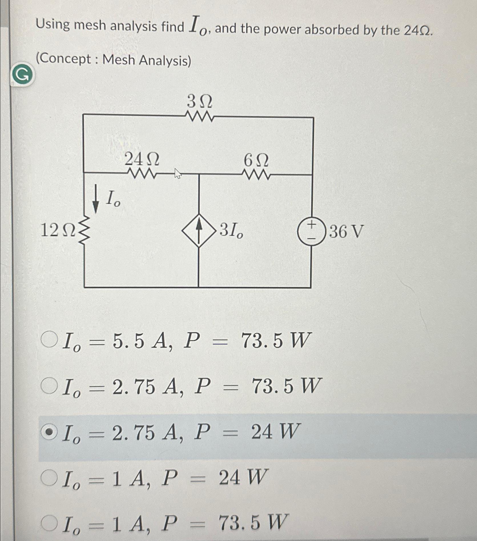 Solved Using mesh analysis find IO, ﻿and the power absorbed | Chegg.com