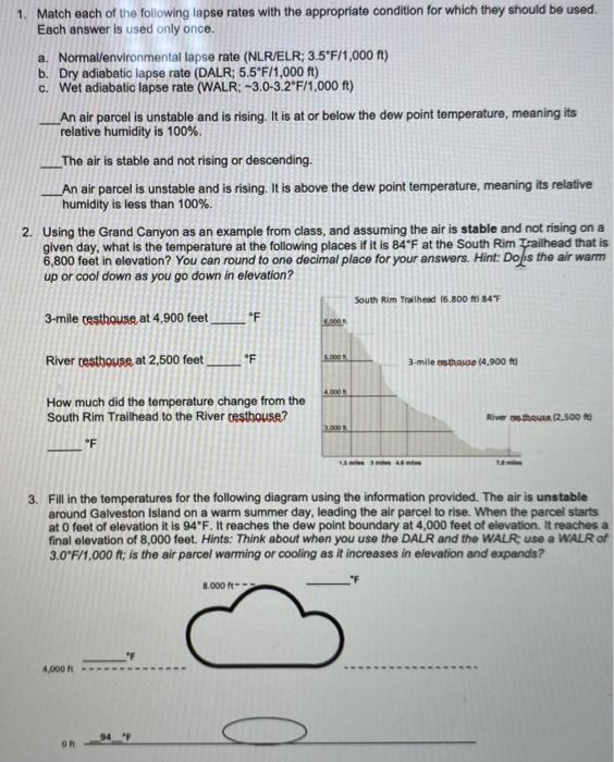 Solved 1. Match each of the following lapse rates with the | Chegg.com