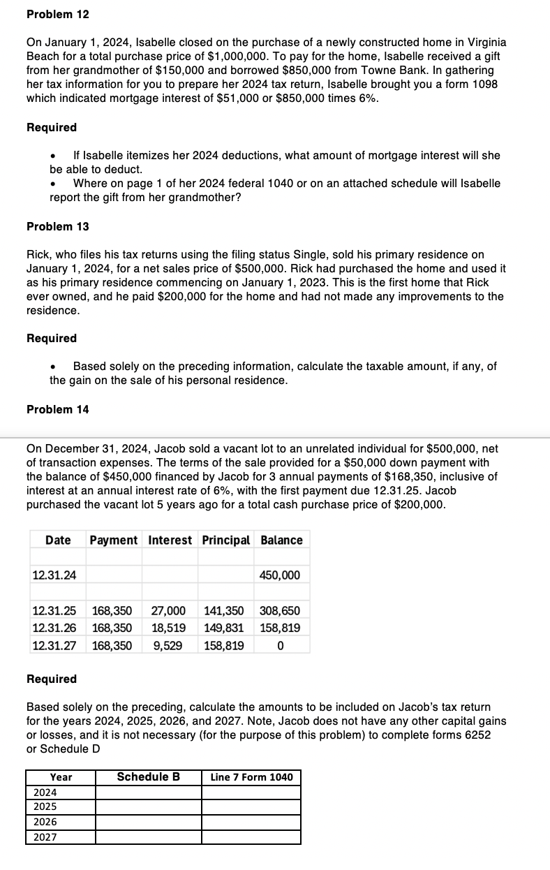 Solved Problem 12 ﻿On January 1, 2024, ﻿Isabelle closed on | Chegg.com