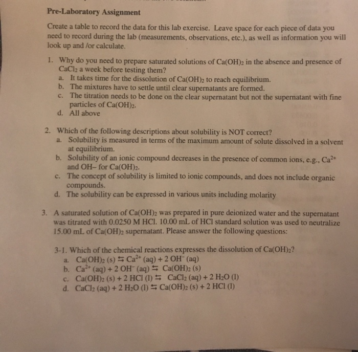 Pre-Laboratory Assignment Create a table to record | Chegg.com