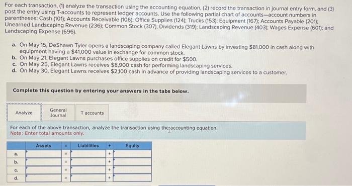 Solved For each transaction, (1) analyze the transaction | Chegg.com