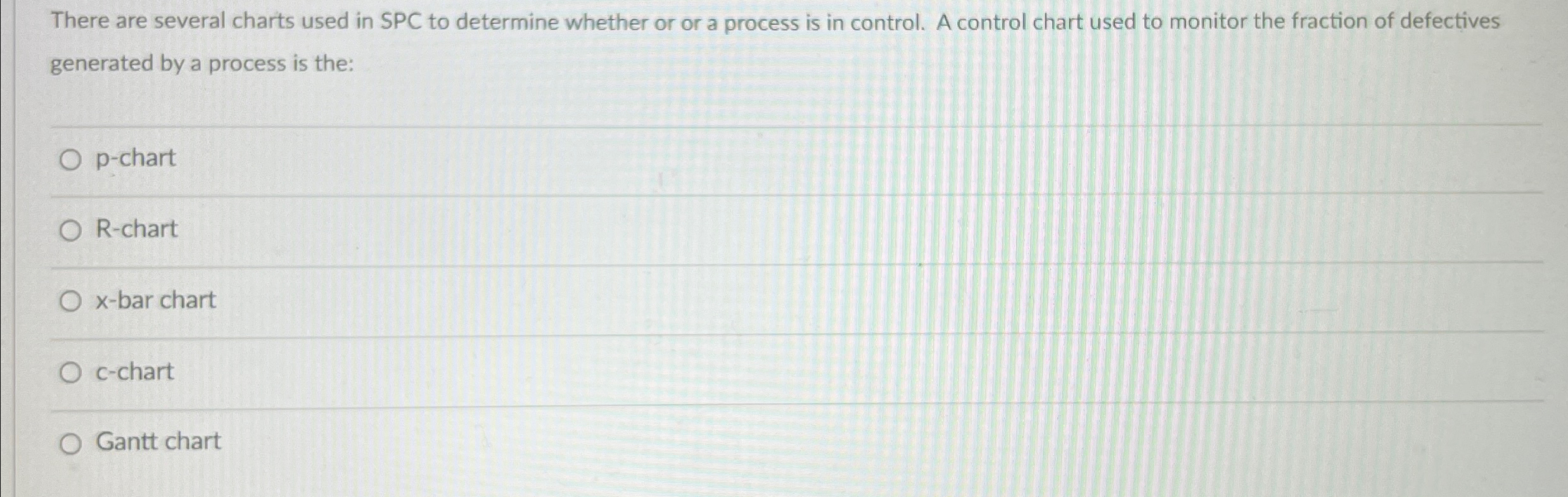 Solved There are several charts used in SPC to determine | Chegg.com
