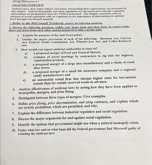 Solved Group Discussion " 1 CHAPTER OVERVIEW Antitrust laws, | Chegg.com