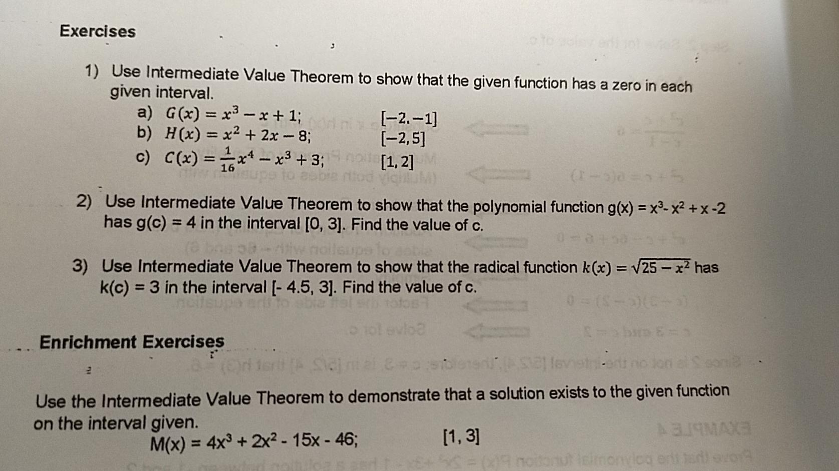 Solved Exercises 3 1) Use Intermediate Value Theorem to show | Chegg.com