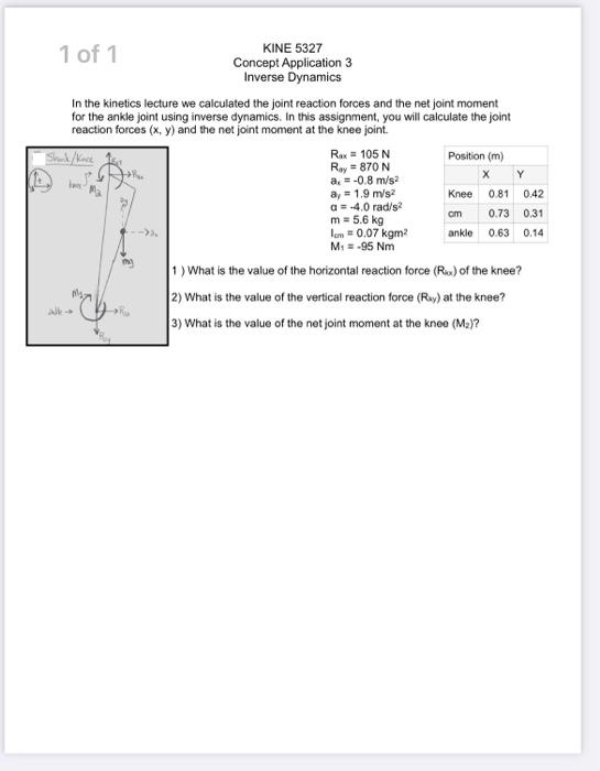 KINE 5327 Concept Application 3 Inverse Dynamics In | Chegg.com