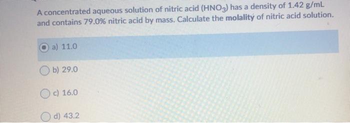 Solved A concentrated aqueous solution of nitric acid (HNO3) | Chegg.com