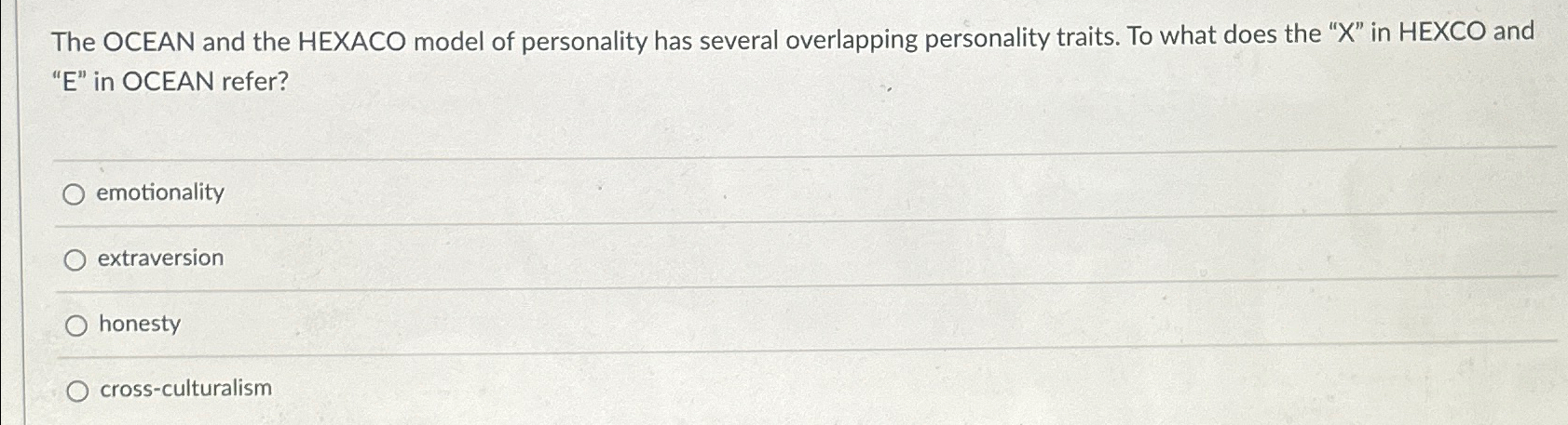 Solved The OCEAN and the HEXACO model of personality has | Chegg.com
