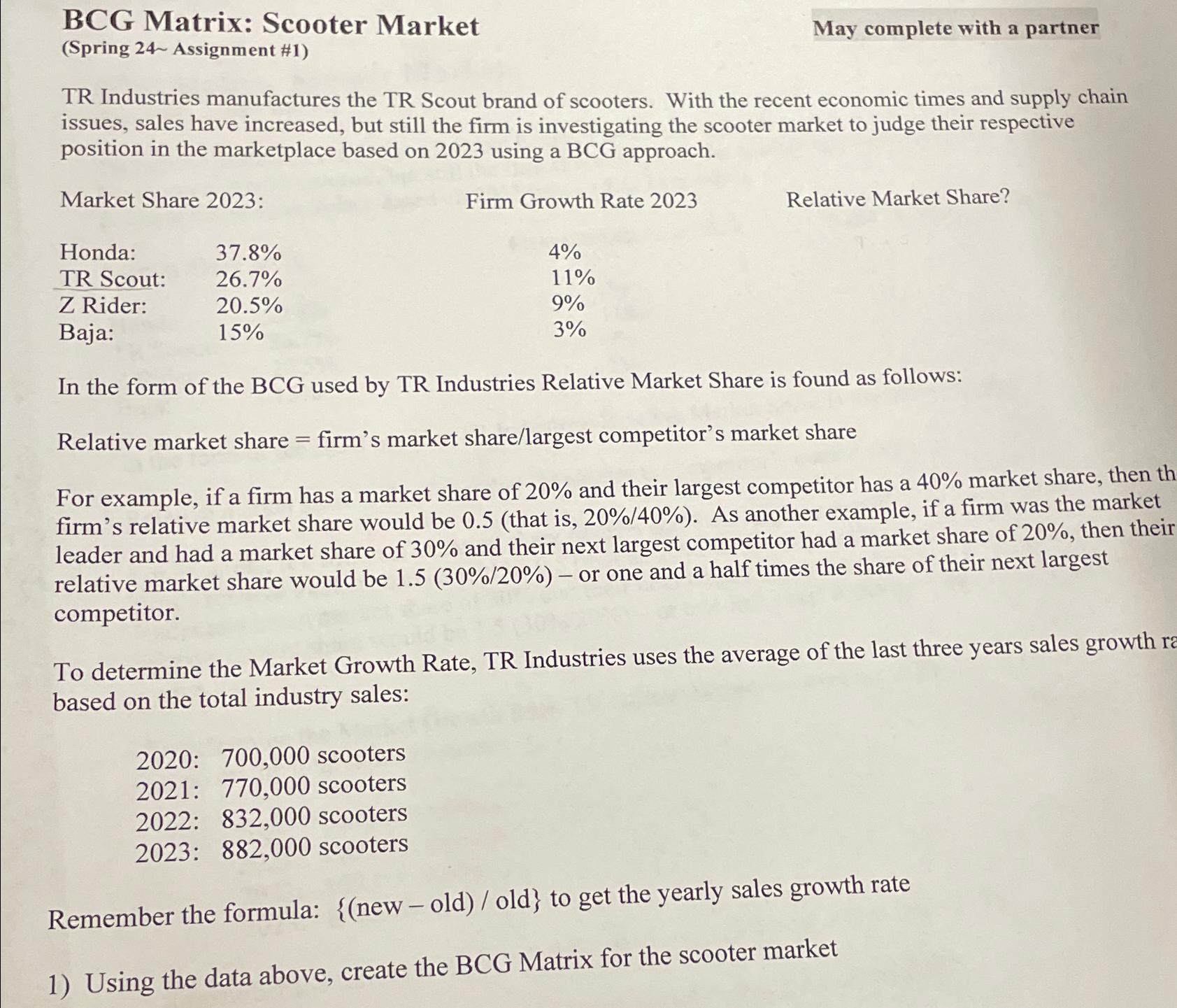 Solved BCG Matrix: Scooter MarketMay complete with a | Chegg.com
