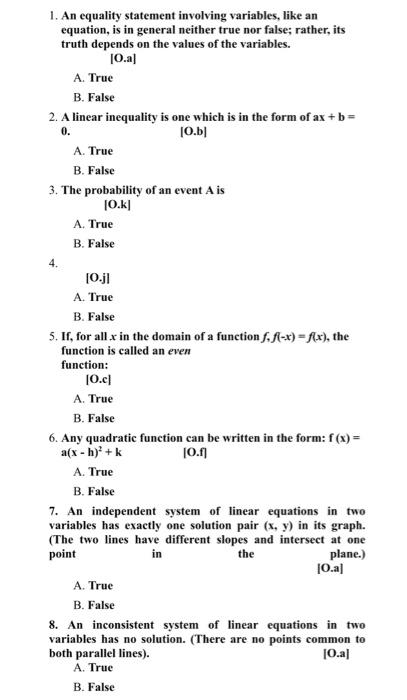 Solved 1. An equality statement involving variables, like an | Chegg.com