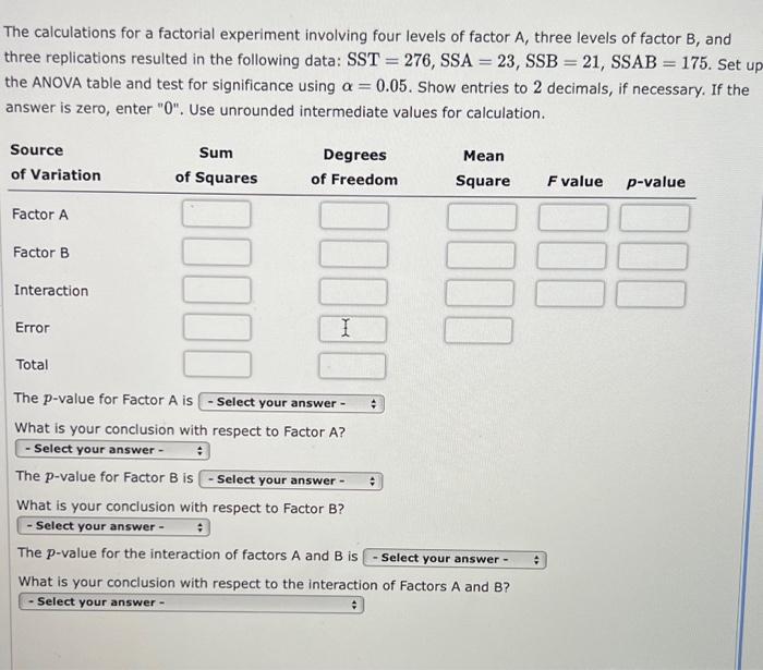 Solved The calculations for a factorial experiment involving | Chegg.com