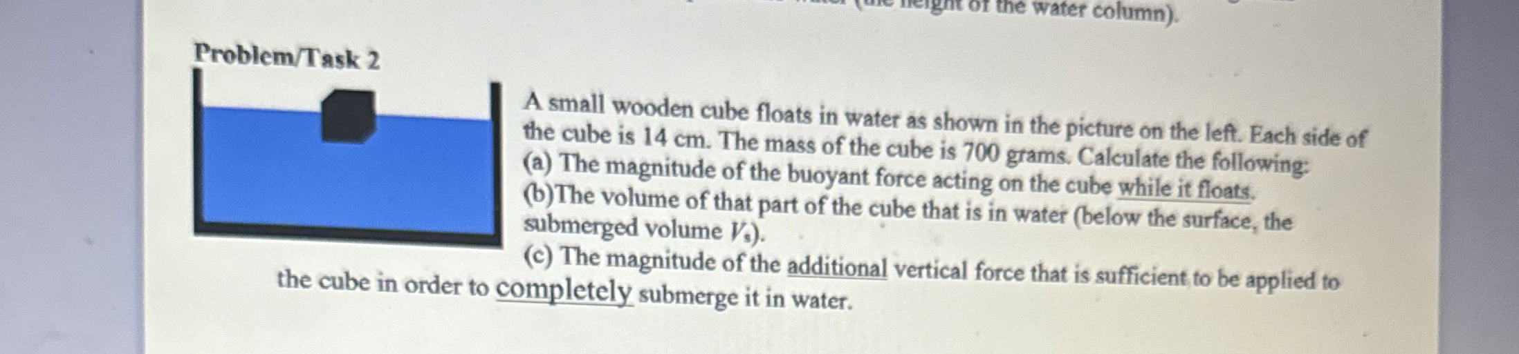 Solved A small wooden cube floats in water as shown in the | Chegg.com
