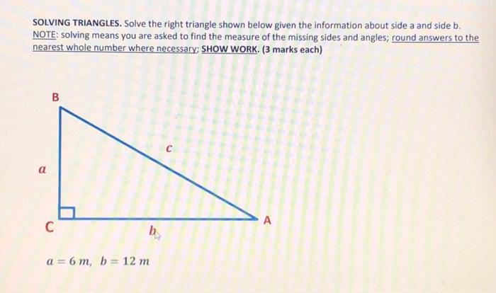 Solved SOLVING TRIANGLES. Solve the right triangle shown | Chegg.com