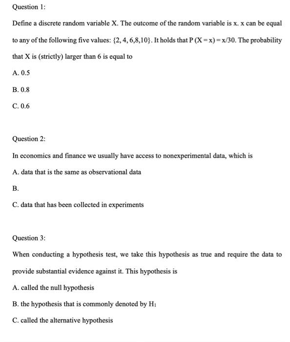 Solved Question 1: Define a discrete random variable X. The | Chegg.com