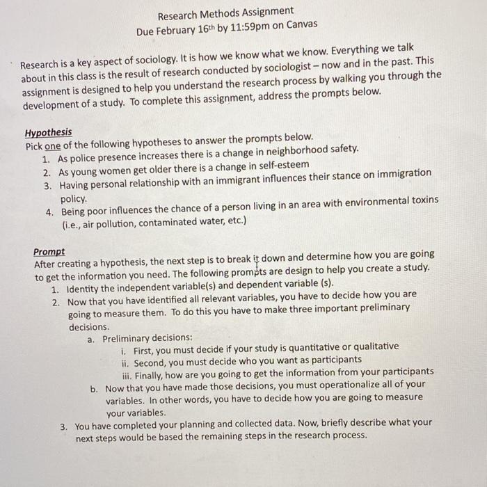 Research Methods Assignment Due February 16th by | Chegg.com