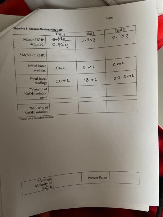 Solved Name: Trial 3 Objective 1: Standardization with KHP | Chegg.com