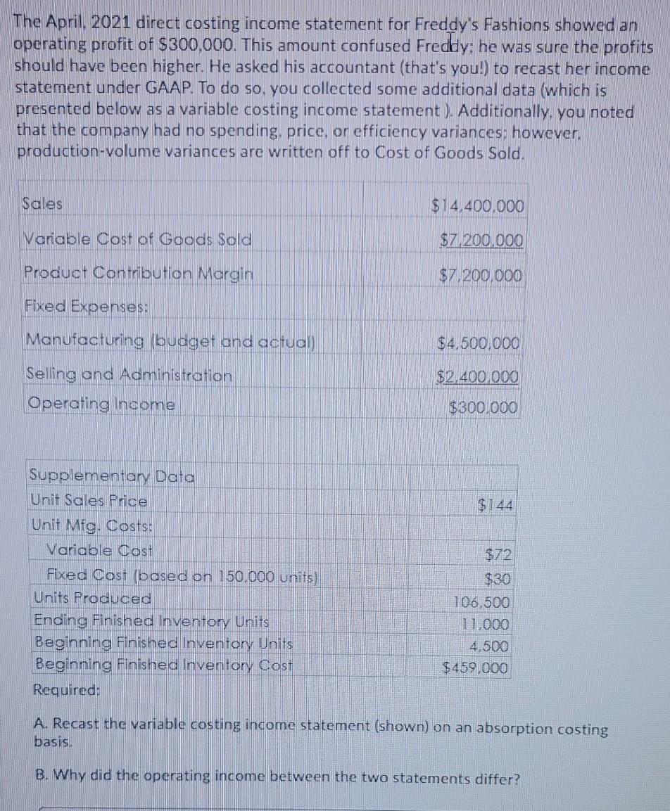 Solved The April, 2021 direct costing income statement for | Chegg.com