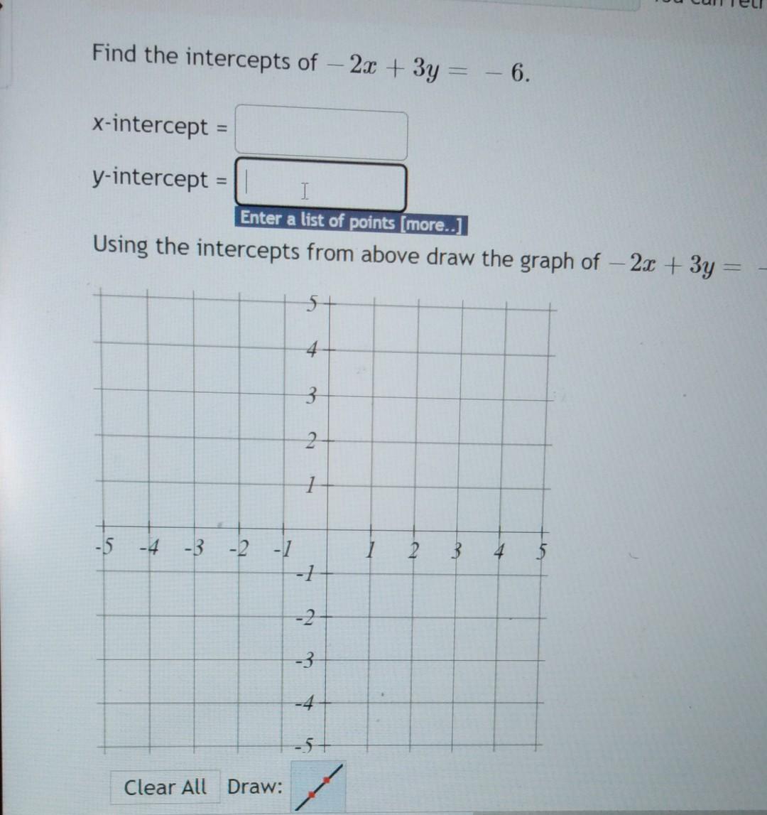 Solved Find the intercepts of −2x+3y=−6. x-intercept = | Chegg.com