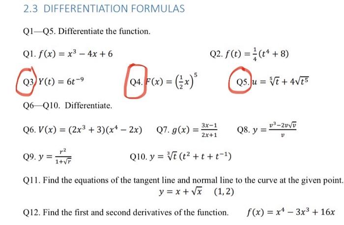 Solved 2.3 DIFFERENTIATION FORMULAS Q1-Q5. Differentiate the | Chegg.com