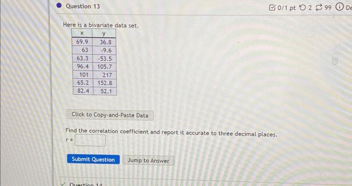 Solved Here is a bivariate rata set. Find the correlation | Chegg.com