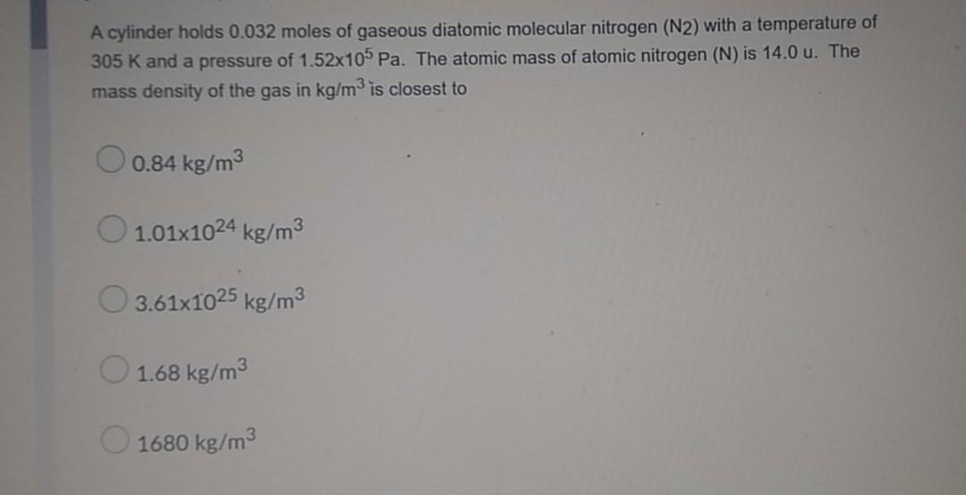 Solved A cylinder holds 0.032 moles of gaseous diatomic | Chegg.com