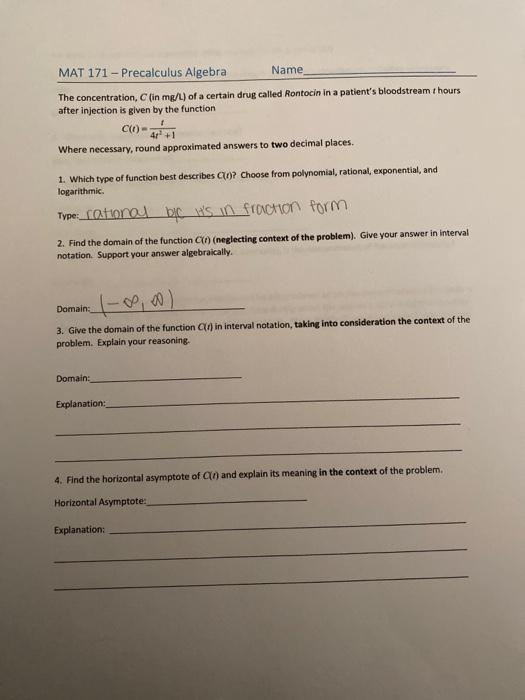 Solved MAT 171 - Precalculus Algebra Name The concentration, | Chegg.com