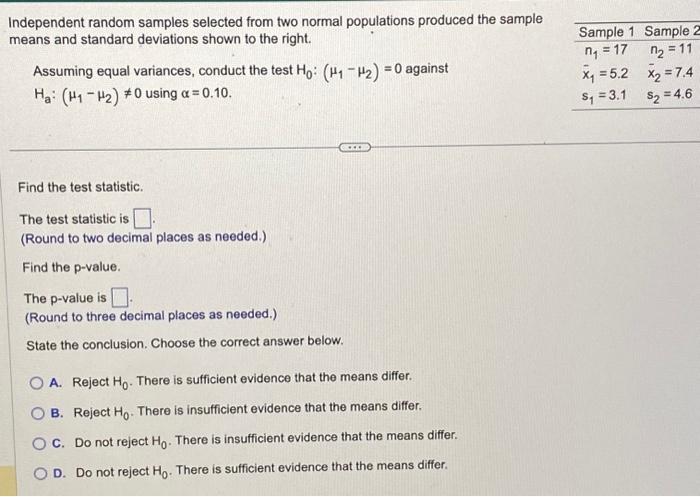 Solved Independent random samples selected from two normal | Chegg.com