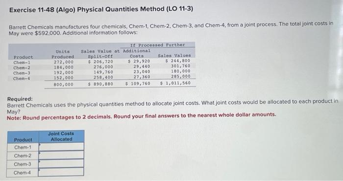 Solved Exercise 11-48 (Algo) Physical Quantities Method (LO | Chegg.com