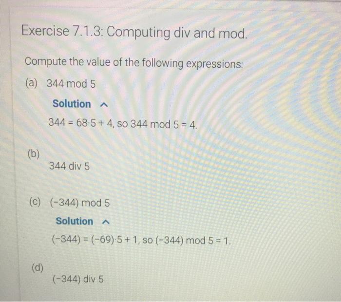 Solved Exercise 7.1.3: Computing div and mod. Compute the | Chegg.com