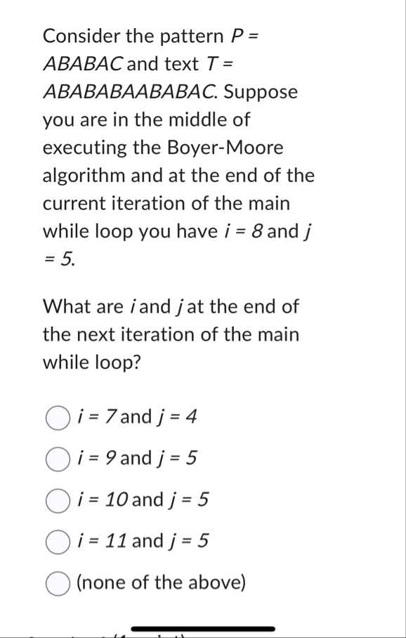 Solved Consider the pattern P= ﻿ABABAC and text T= | Chegg.com