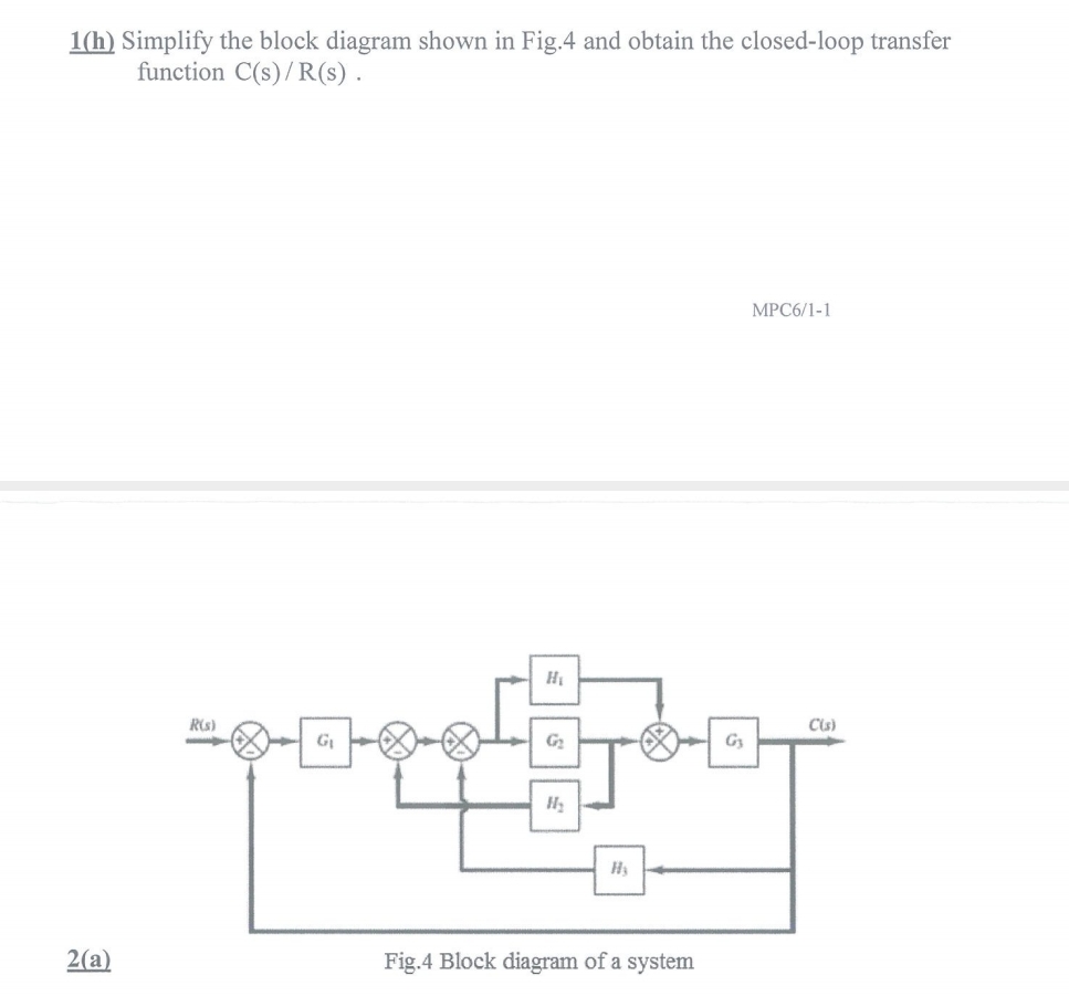 Solved 1(h) ﻿Simplify the block diagram shown in Fig. 4 ﻿and | Chegg.com