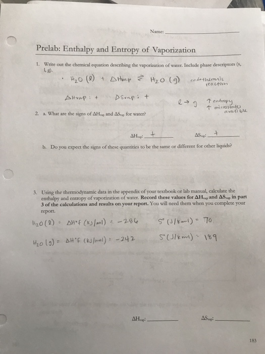 Solved Name: Prelab: Enthalpy and Entropy of Vaporization 1. | Chegg.com