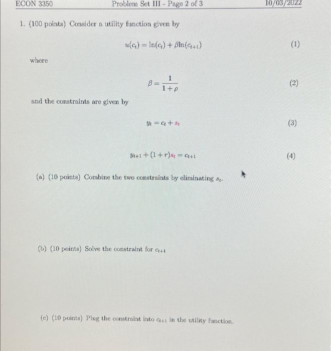 1. (100 points) Consider a utility function given by | Chegg.com