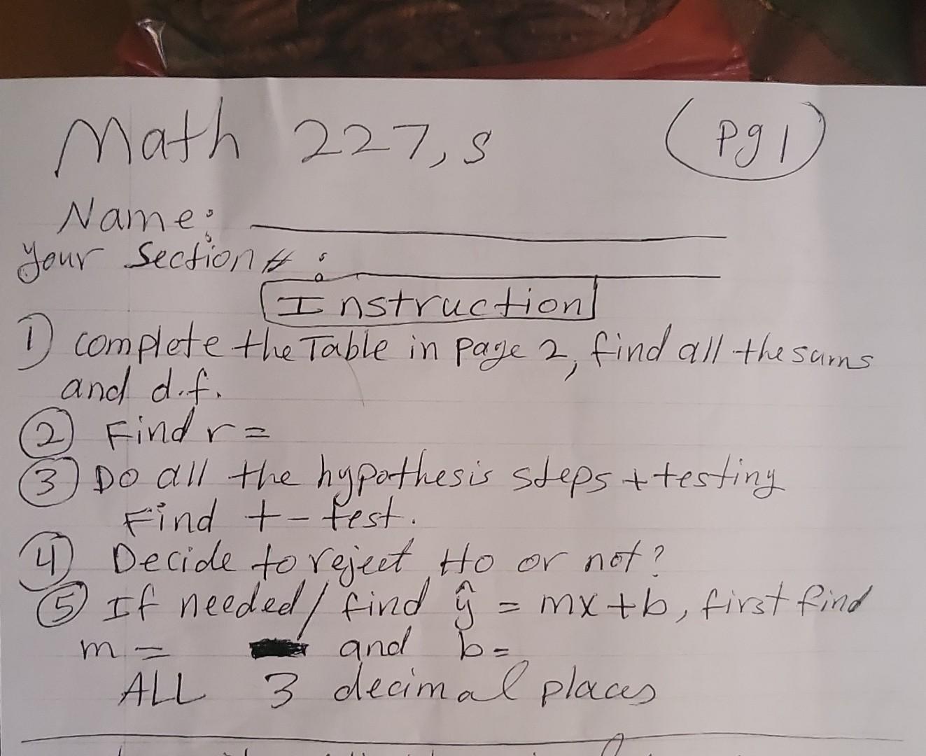 Solved Name: Your Section H: Instruction 1) complete the | Chegg.com