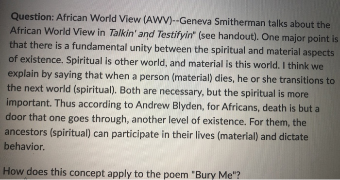 Solved Question: African World View (AWV)--Geneva Smitherman | Chegg.com