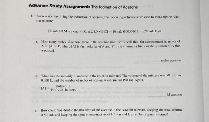 Solved Advance Study Assignment: The lodination of Acetone | Chegg.com