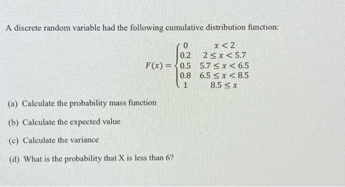 Solved A discrete random variable had the following | Chegg.com