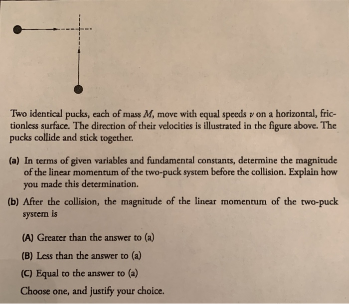 Solved Two identical pucks, each of mass M, move with equal | Chegg.com