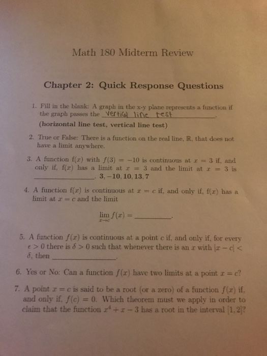 Solved Math 180 Midterm Review Chapter 2: Quick Response | Chegg.com