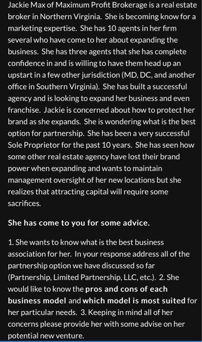 Solved Jackie Max of Maximum Profit Brokerage is a real | Chegg.com