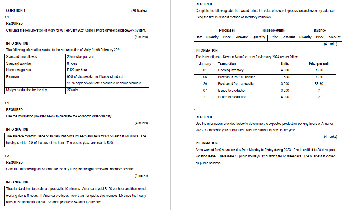 Solved QUESTION 1 (20 ﻿Marks) 1.1 ﻿REQUIRED Calculate the | Chegg.com