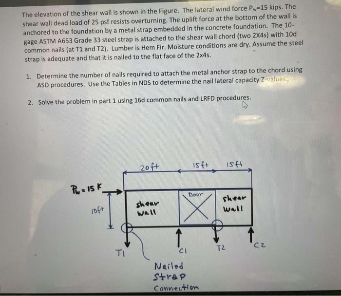 The elevation of the shear wall is shown in the | Chegg.com