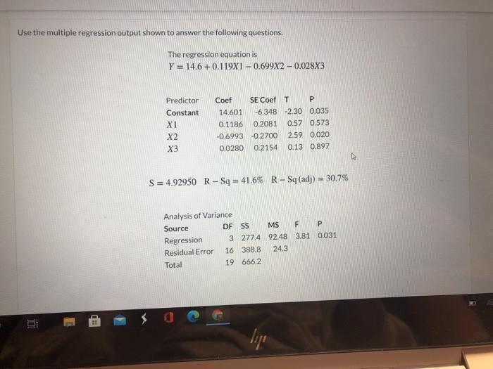 Solved Use the multiple regression output shown to answer | Chegg.com
