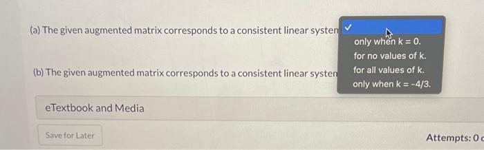 Find all values of k for which the given augmented | Chegg.com