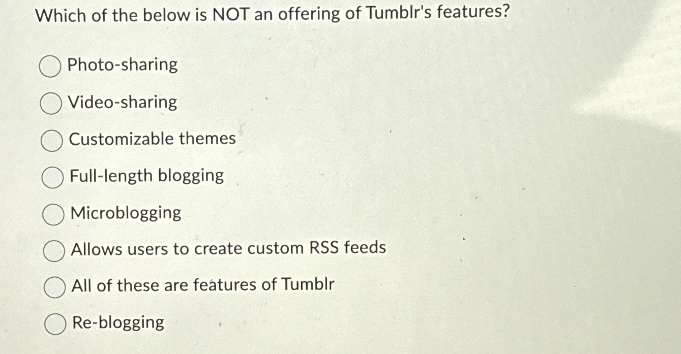 Solved Which of the below is NOT an offering of Tumblr's | Chegg.com