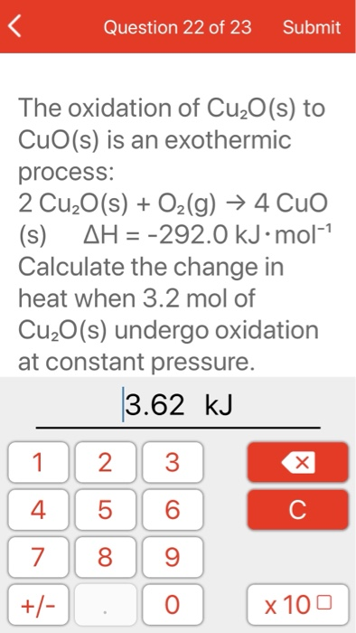 Solved Question 22 of 23 Submit The oxidation of Cu2O(s) to | Chegg.com