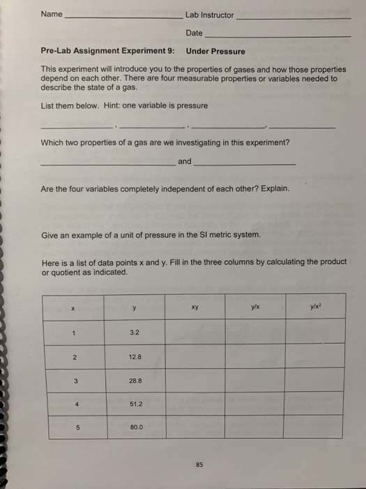 Name Lab Instructor Date Pre-Lab Assignment | Chegg.com